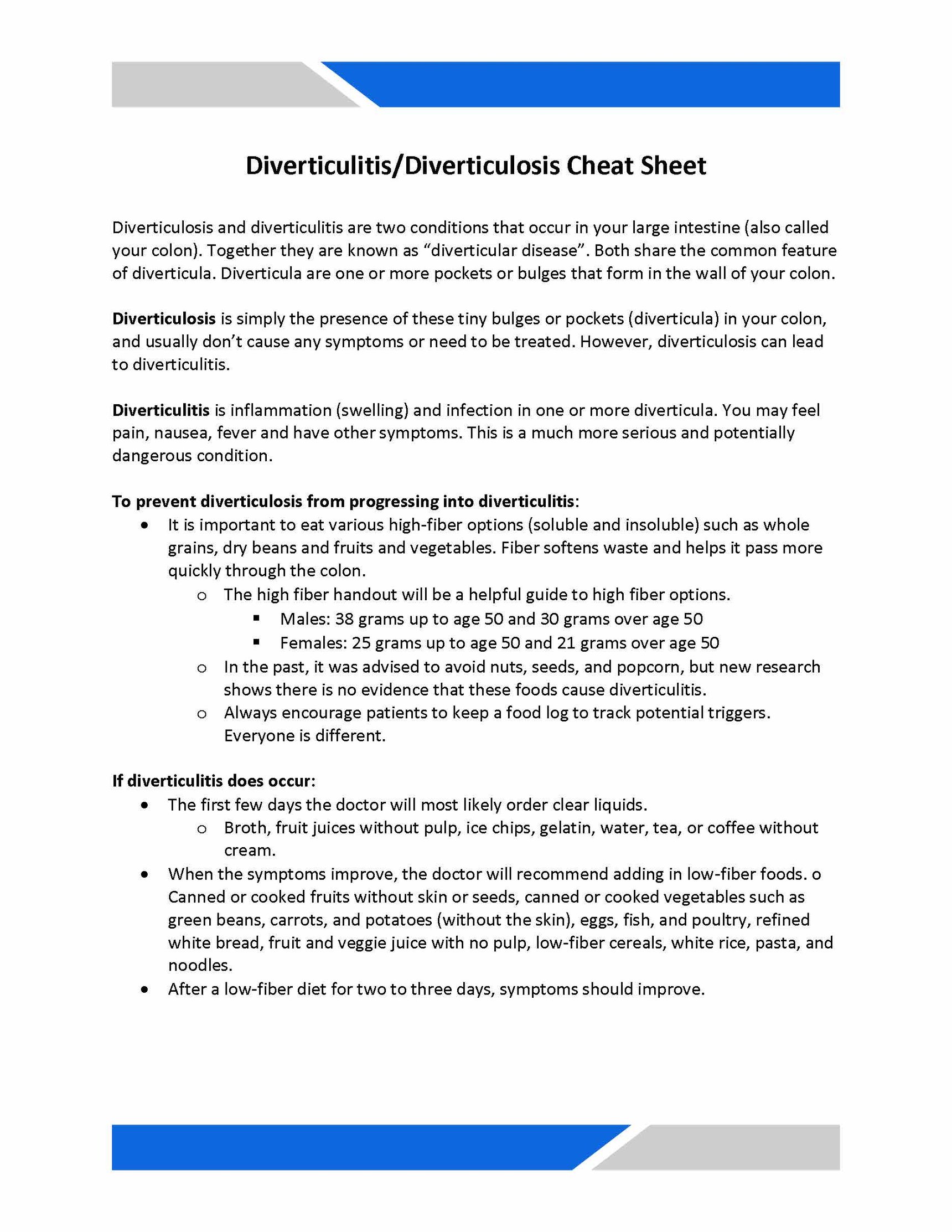 Diverticulitis and Diverticulosis Cheat Sheet